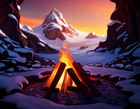 Campfire view from window snowy winter, digital art - AI Generated ...