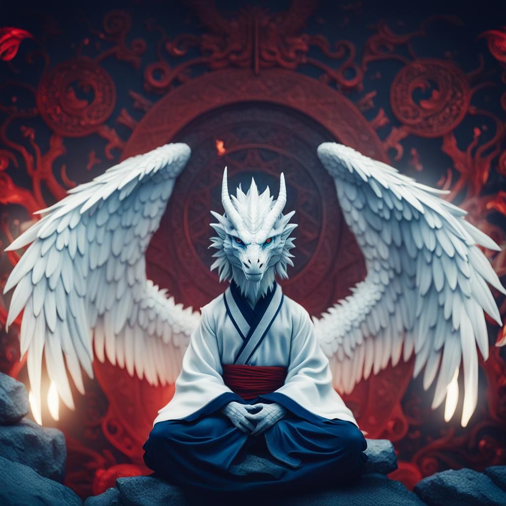 a winged white humanoid zen dragon with scales and feathers, wearing ...