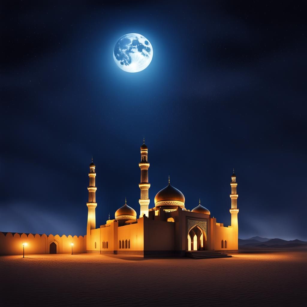 The sky in the east. A night in the desert. Moonlight. Mosque. - AI ...