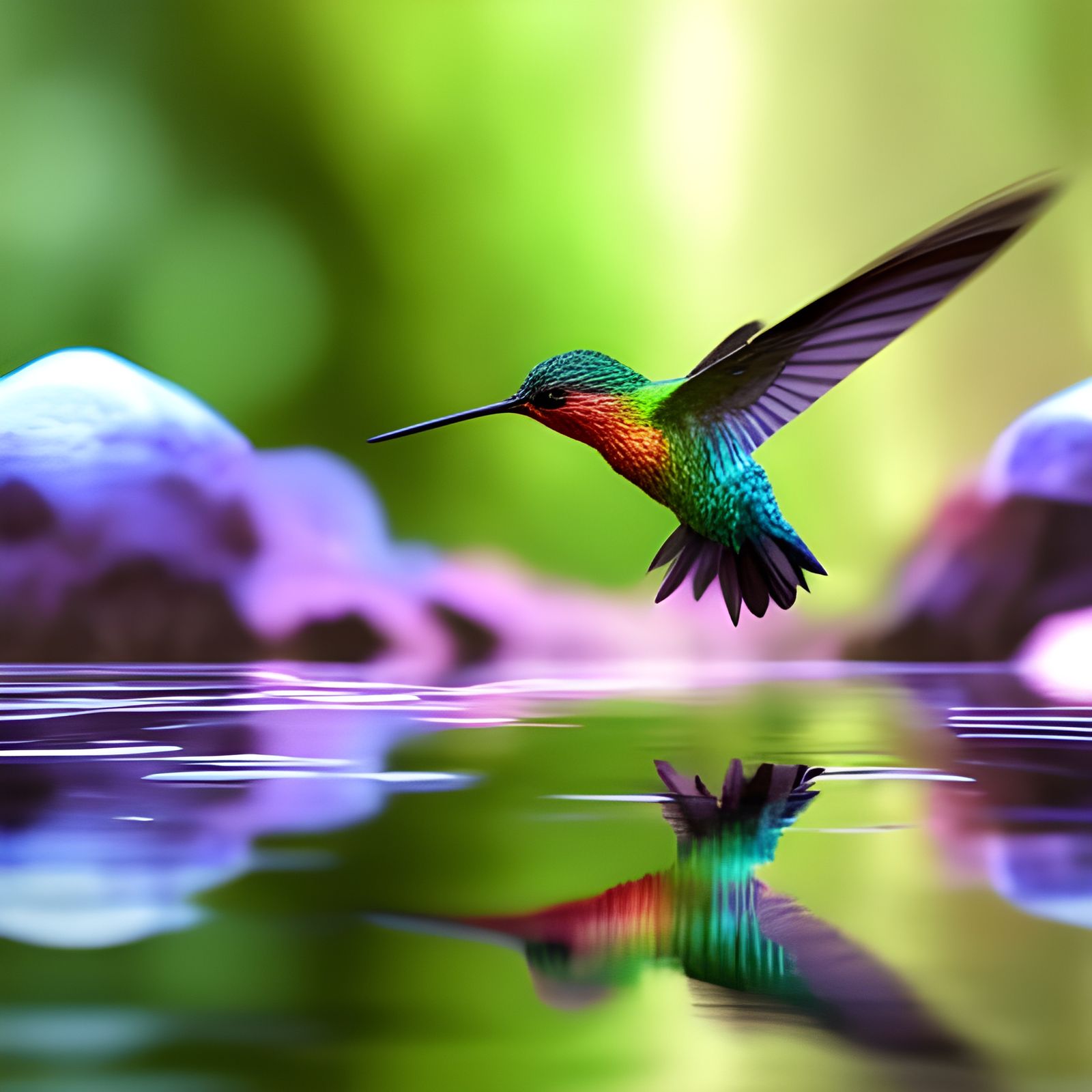 beautiful magnificent detailed rainbow colored hummingbird reflection ...