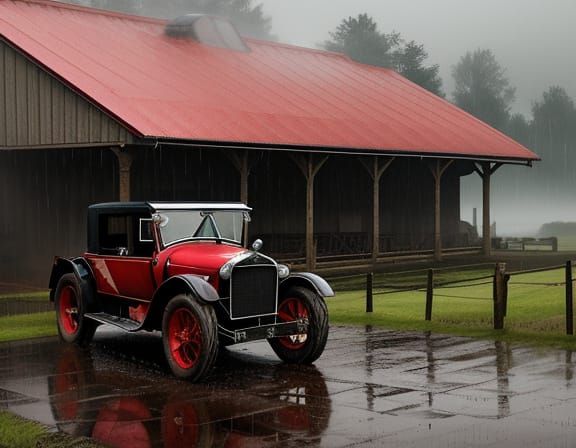 Vintage Red Tractor in Rainy Day Farm Scene - AI Art