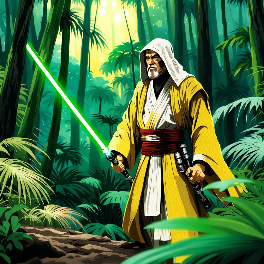 obi one kenobi on tropical jungle wiyh colur yellow turning back with ...