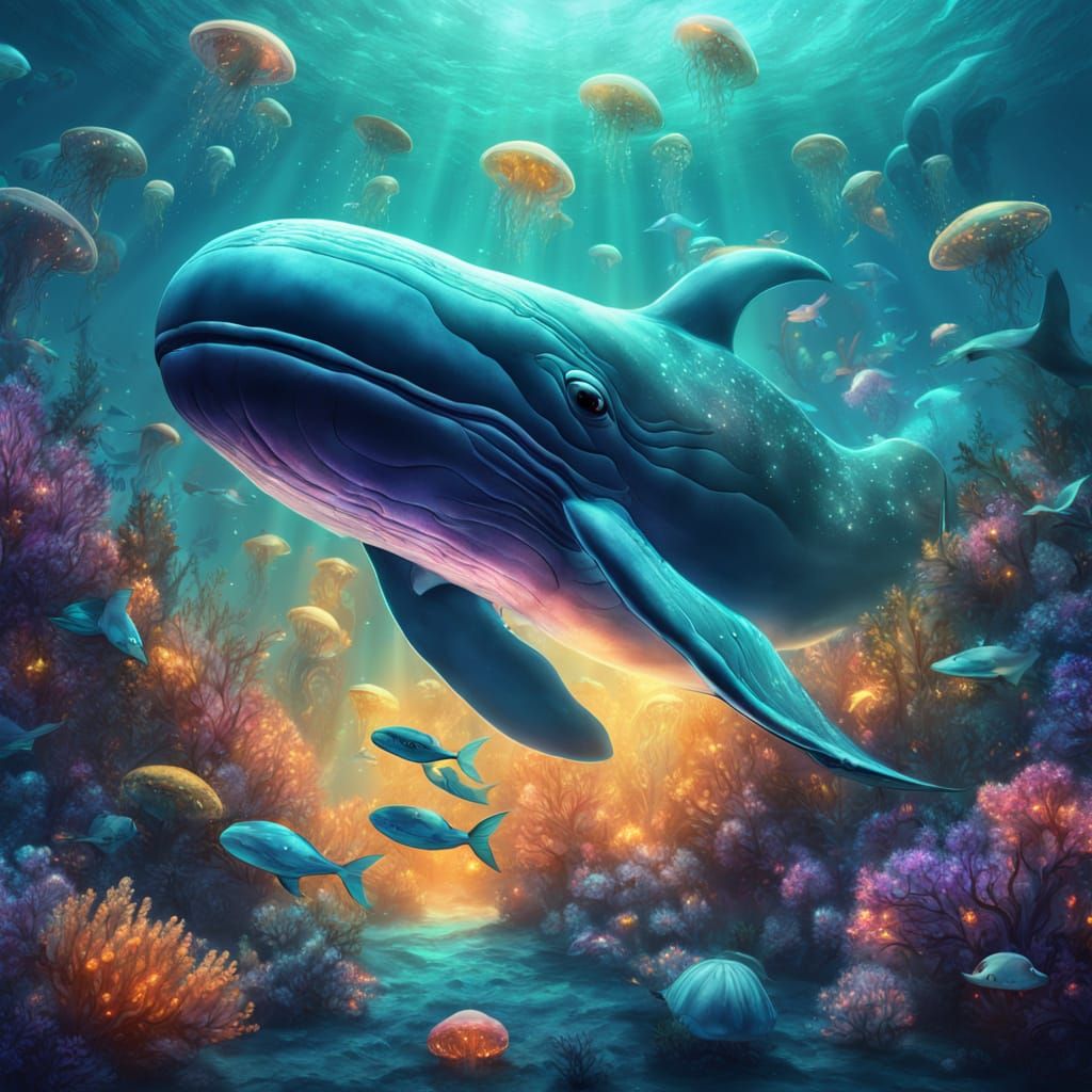 Majestic Transparent Glass Whale Surrounded by Glo... - AI Art