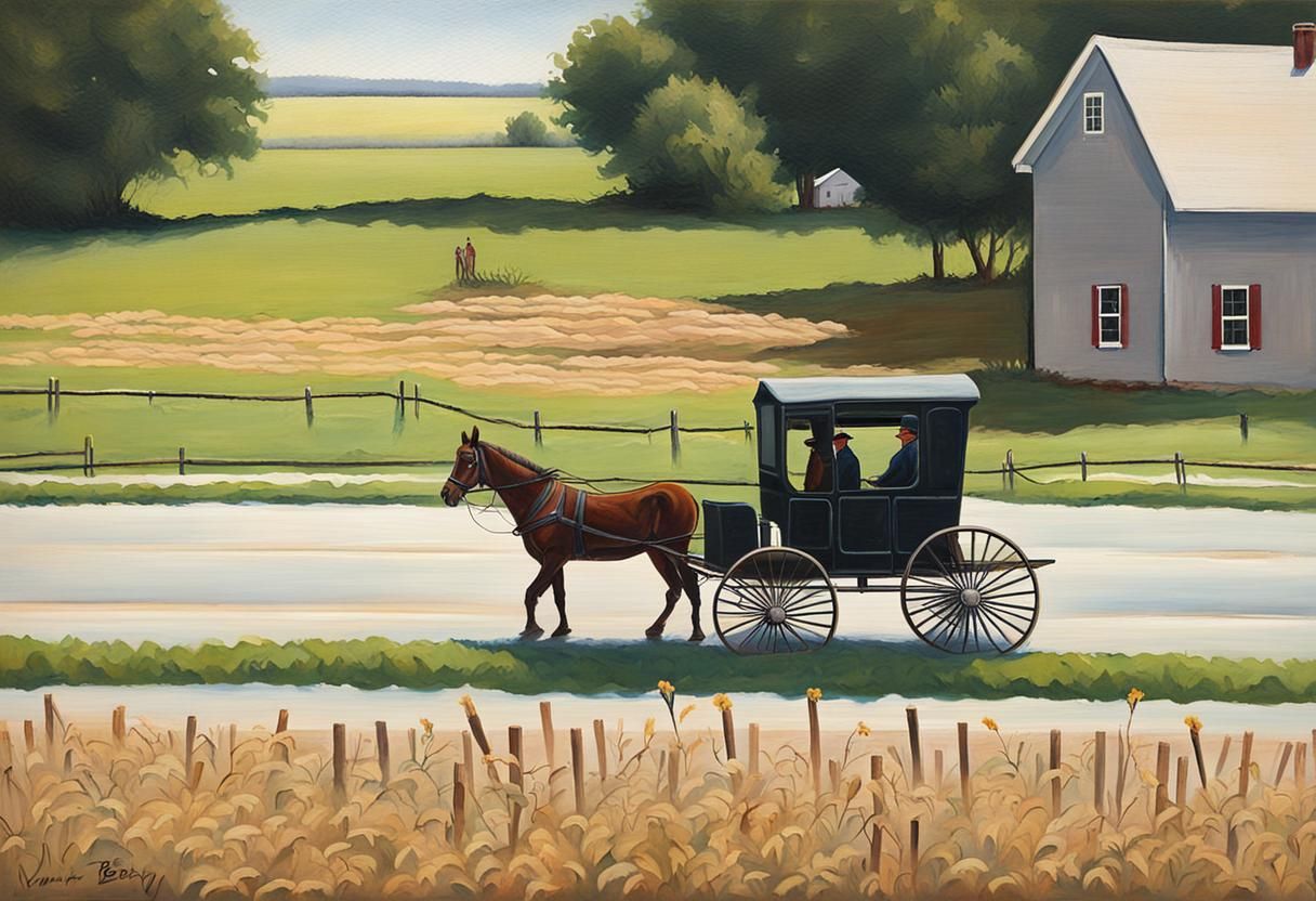 Amish transportation with horse and buggy, in Lancaster County, PA, oil ...