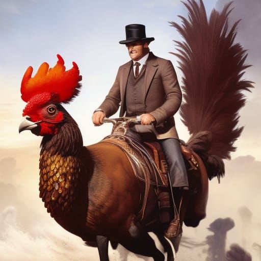 A businessman, riding a giant rooster - AI Generated Artwork ...