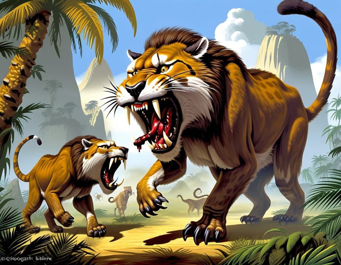 Sabre-toothed cats roam the prehistoric jungle!