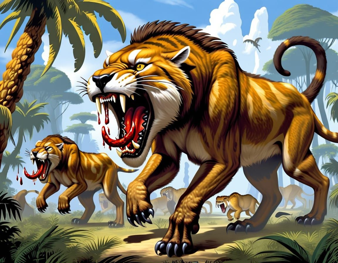 Sabre-toothed cats roam the prehistoric jungle!