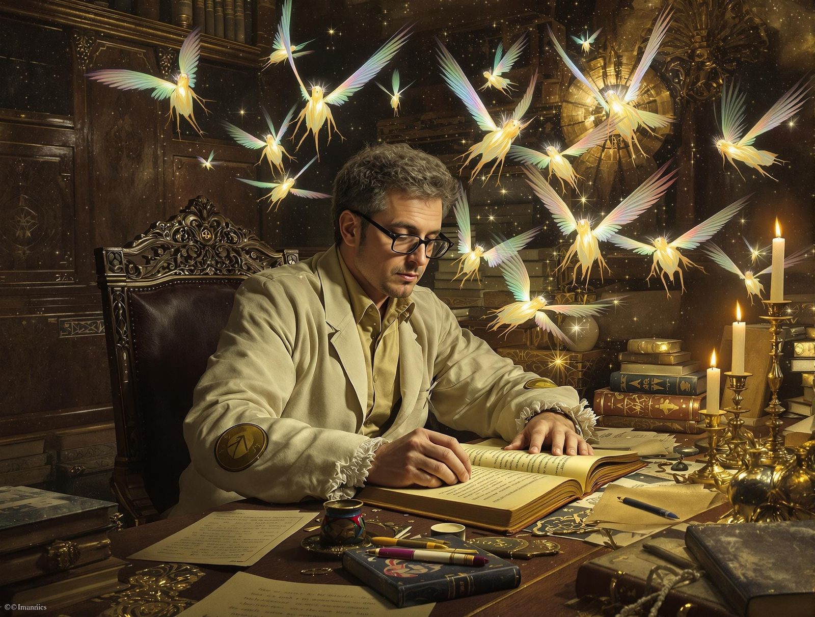 A bespectacled man in a worn, cream-colored lab coat, surrounded by scattered papers and ancient ...