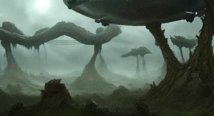 dystopian alien wasteland, scifi style, surreal plants ands trees ...