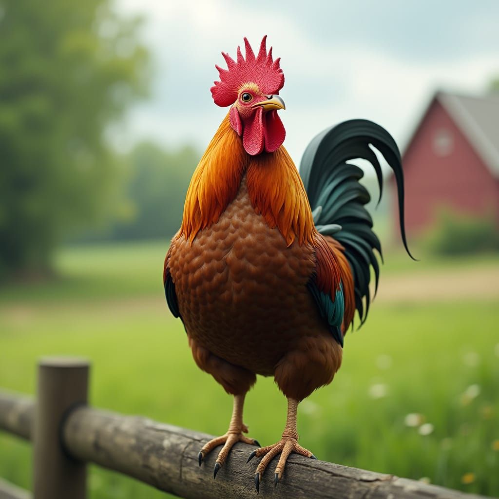 Realistic Barnyard Rooster on a Rural Fence Post - AI Art
