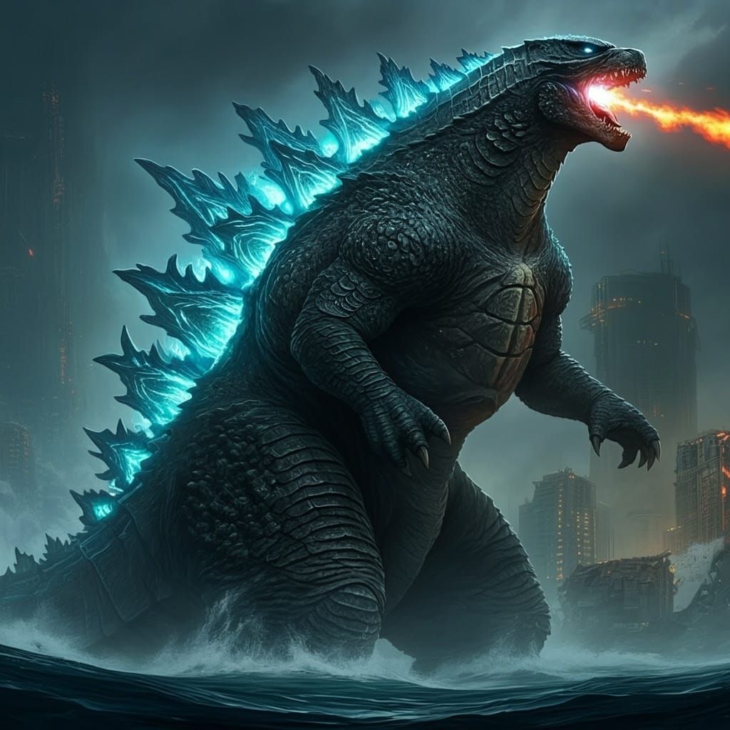 Godzilla - Godzilla Rises from the Depths in Industrial Fut...