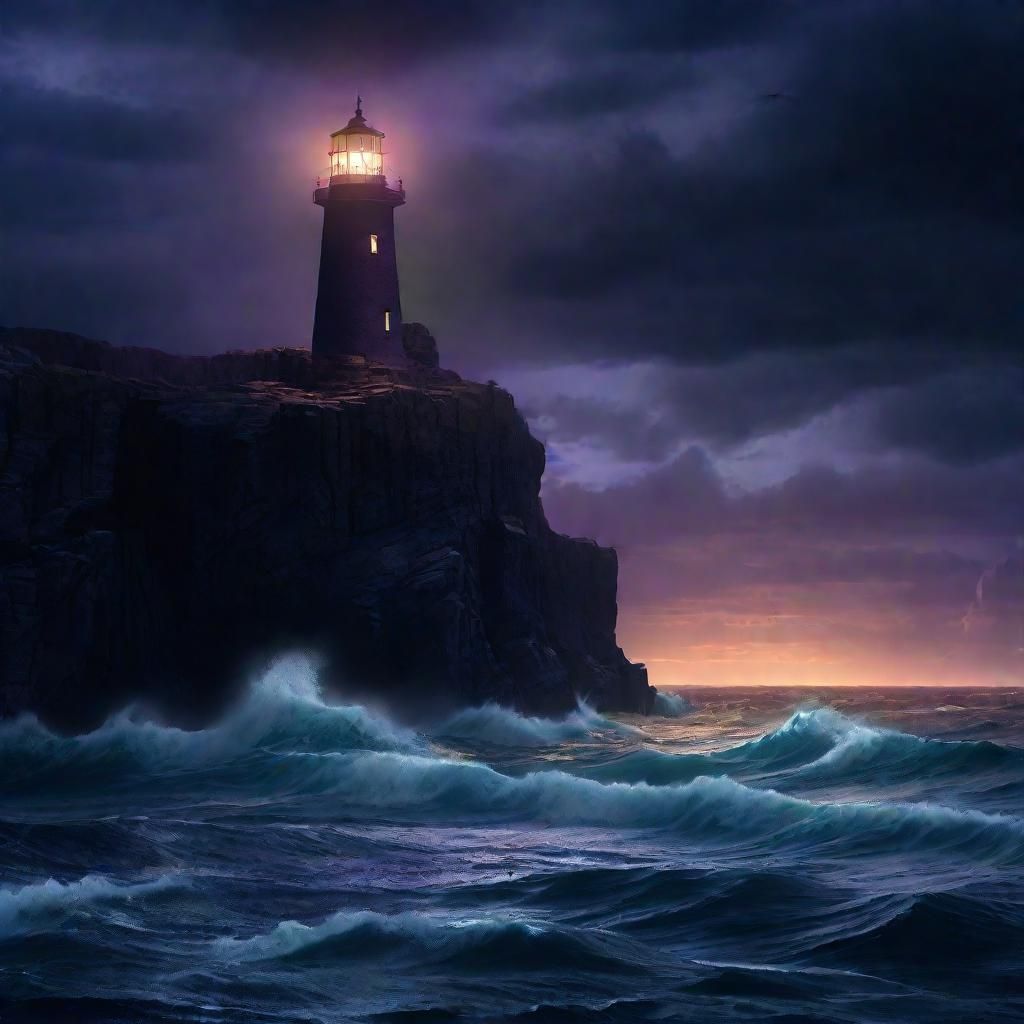 A sinister looking lighthouse on the edge of a cliff by the sea on a ...