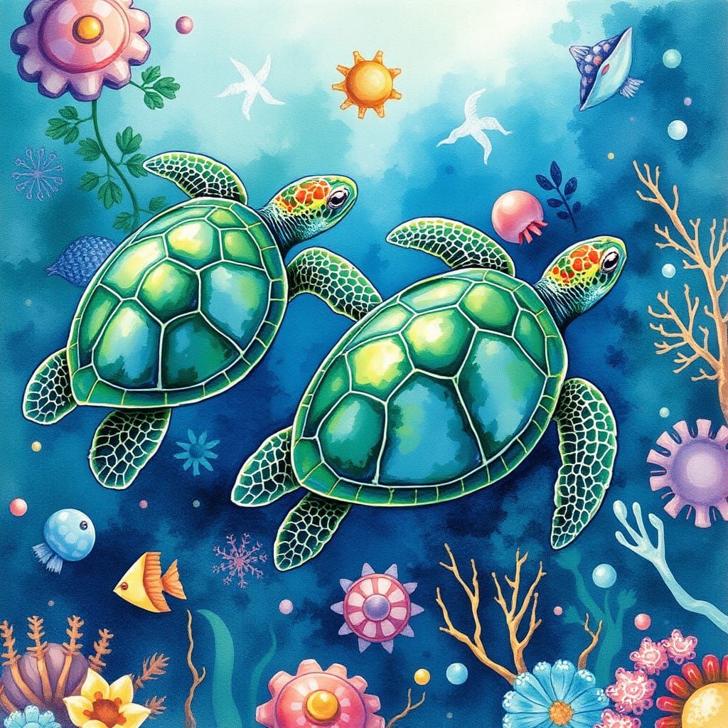 Whimsical Watercolour Scene of Green Sea Turtles a... - AI Art