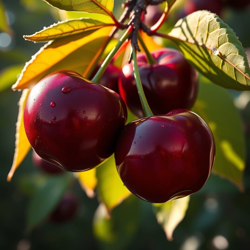 Burgundy Cherries on a Branch in Ethereal Light - AI Art