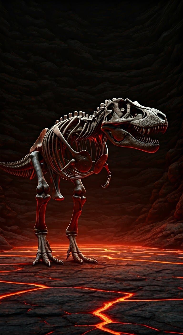 Majestic T-Rex Skeleton in Dark Lava Landscape - AI Art