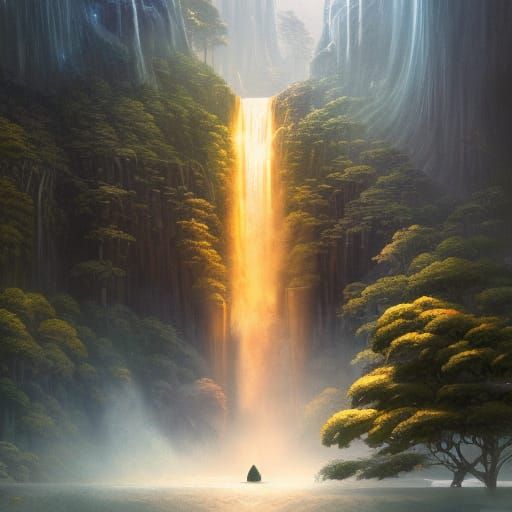 Golden Light Waterfall - AI Generated Artwork - NightCafe Creator