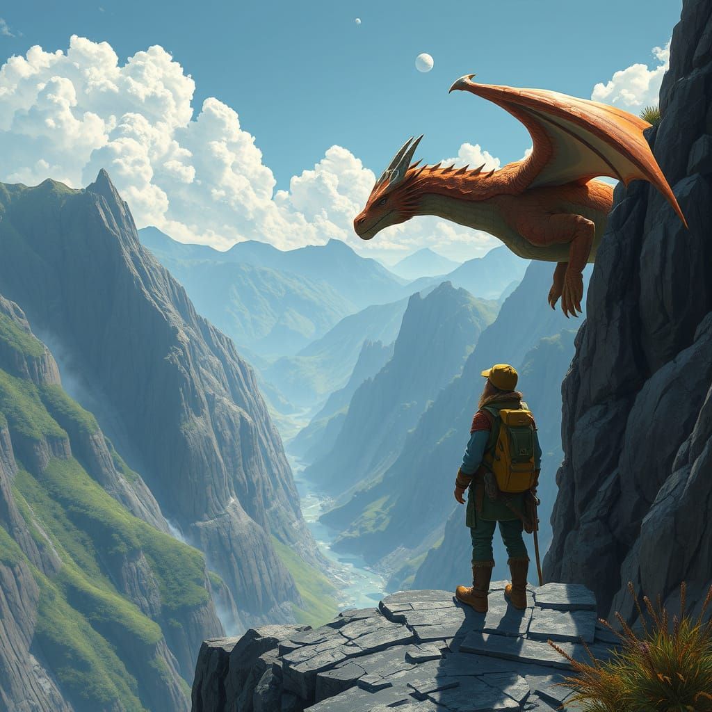Dragon and Adventurer Overlook Ravine, Atmospheric... - AI Art