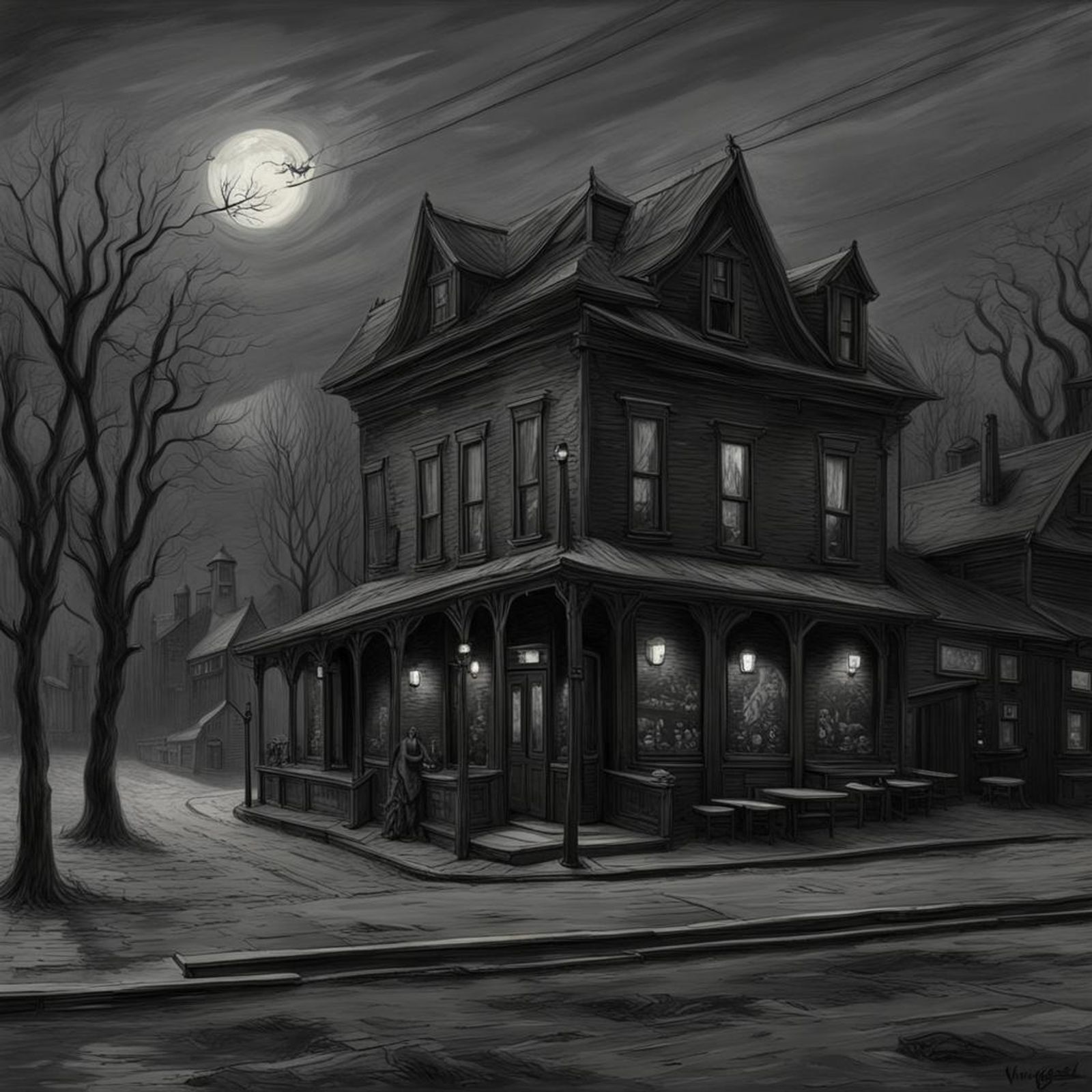 A vampire bar in Ohio detailed matte painting Van Gogh monochromatic ...