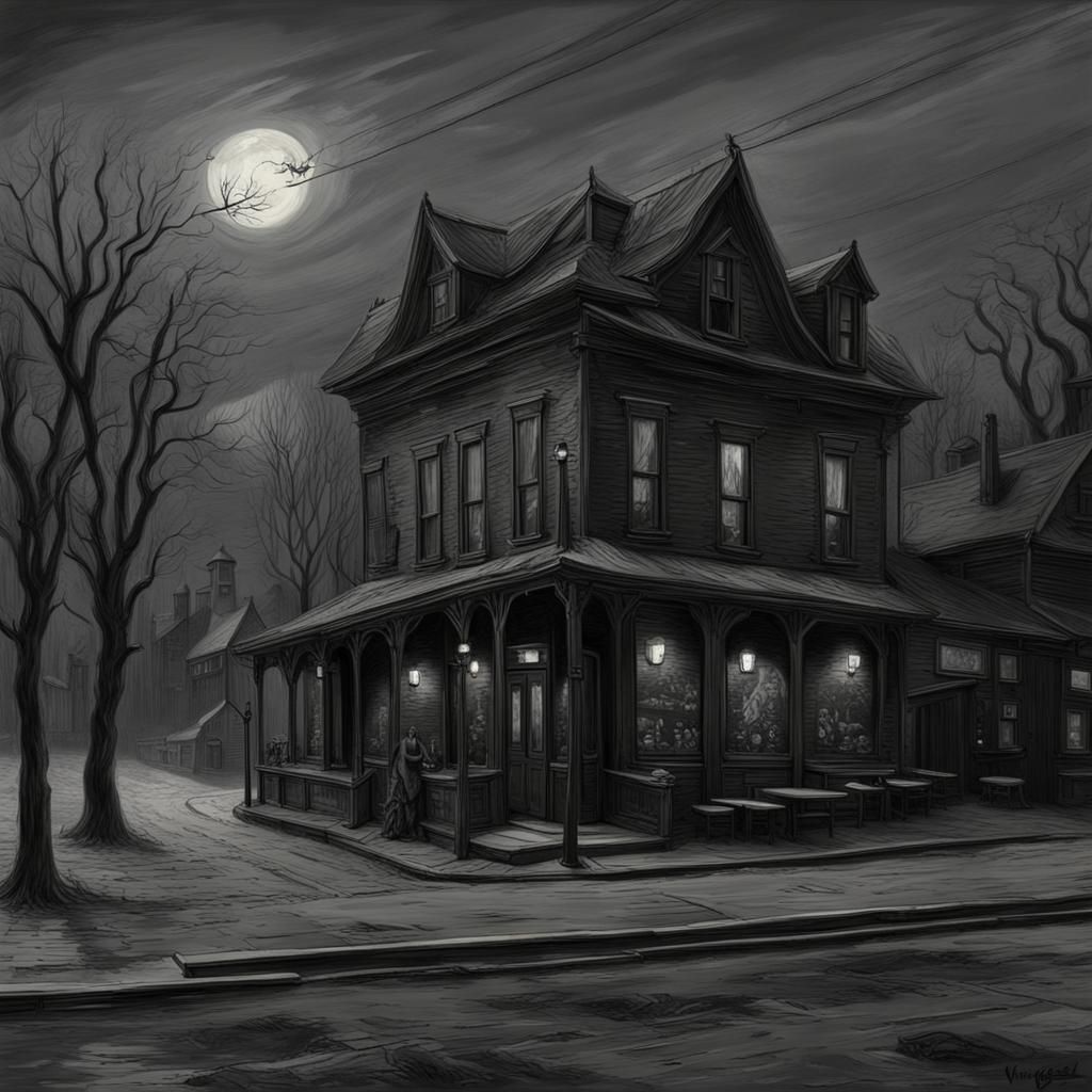 A vampire bar in Ohio detailed matte painting Van Gogh monochromatic ...