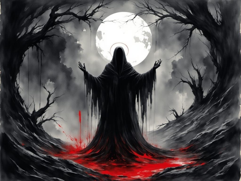 Ghostly figure in tattered, dark robes, with skeletal hands reaching ...