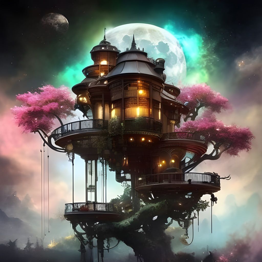 Steampunk flowering bonsai treehouse - AI Generated Artwork - NightCafe Creator