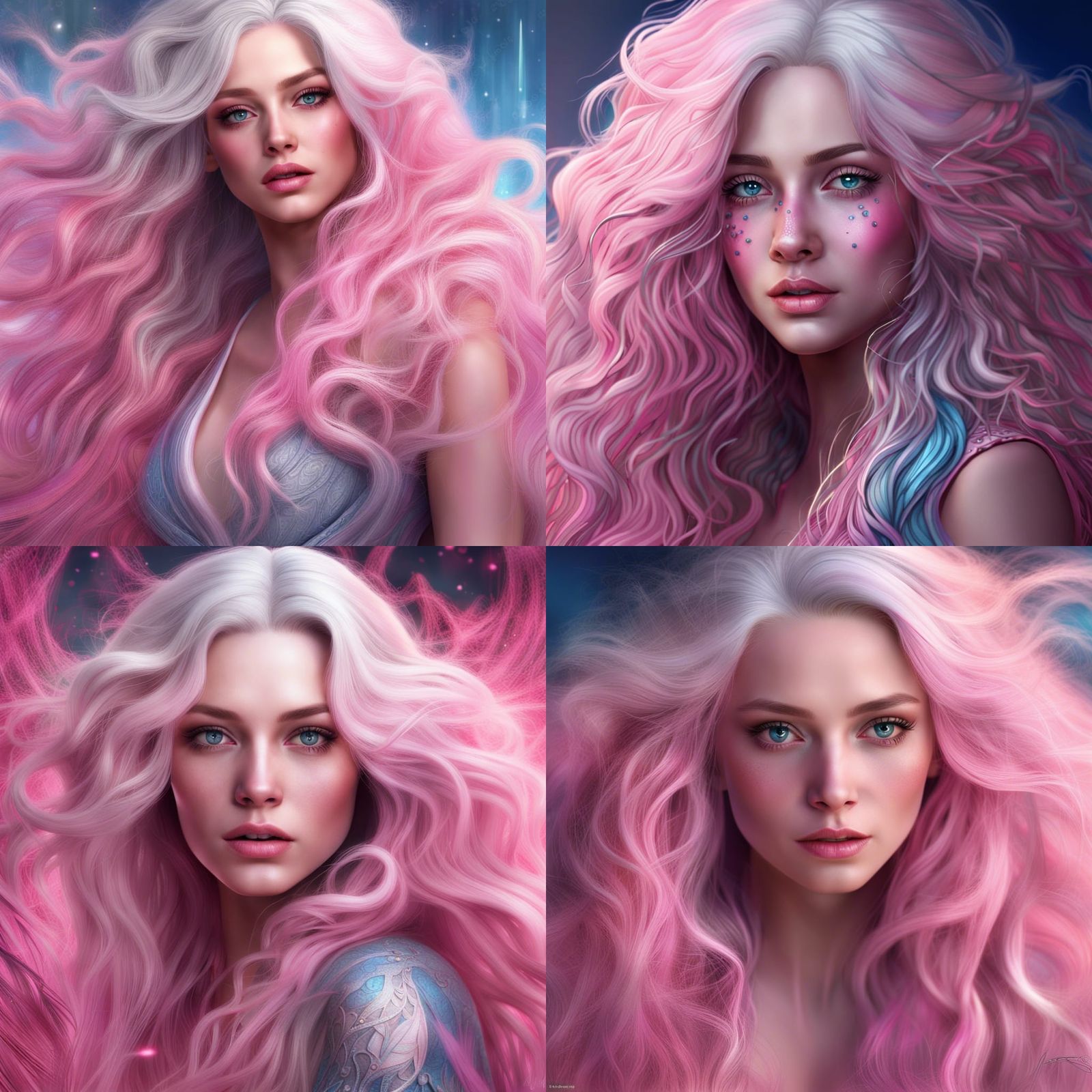 female, long flowing wavy pink silver hair, blue eyes, soft pink eye ...