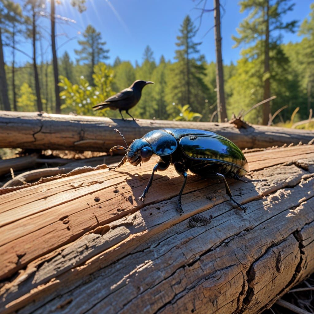 Haiku prompt: Smug beetle shines / sun sparkled on fallen log / Crow ...