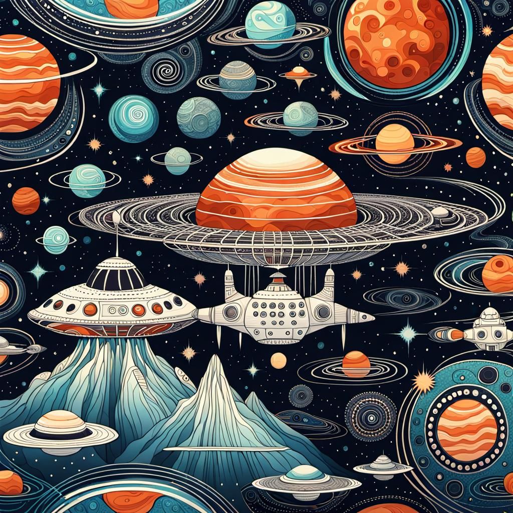 Retro futuristic sci fi , Cosmic Dreamscape, Mars, spaceship, ethereal ...