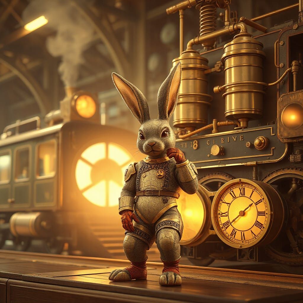 Steampunk Automaton Rabbit in Art Nouveau Illustra... - AI Art