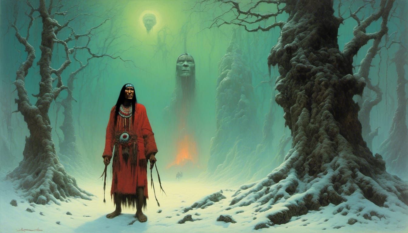 Native American Chief yelling at shaman in winter by Zdzisław Beksiński ...