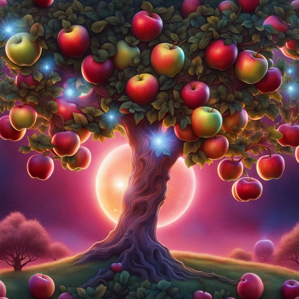 A photorealistic apple tree filled with giant apples that are all ...