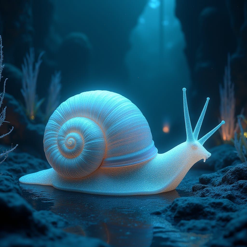 Shimmering Snail in a Bioluminescent Grotto - AI Art
