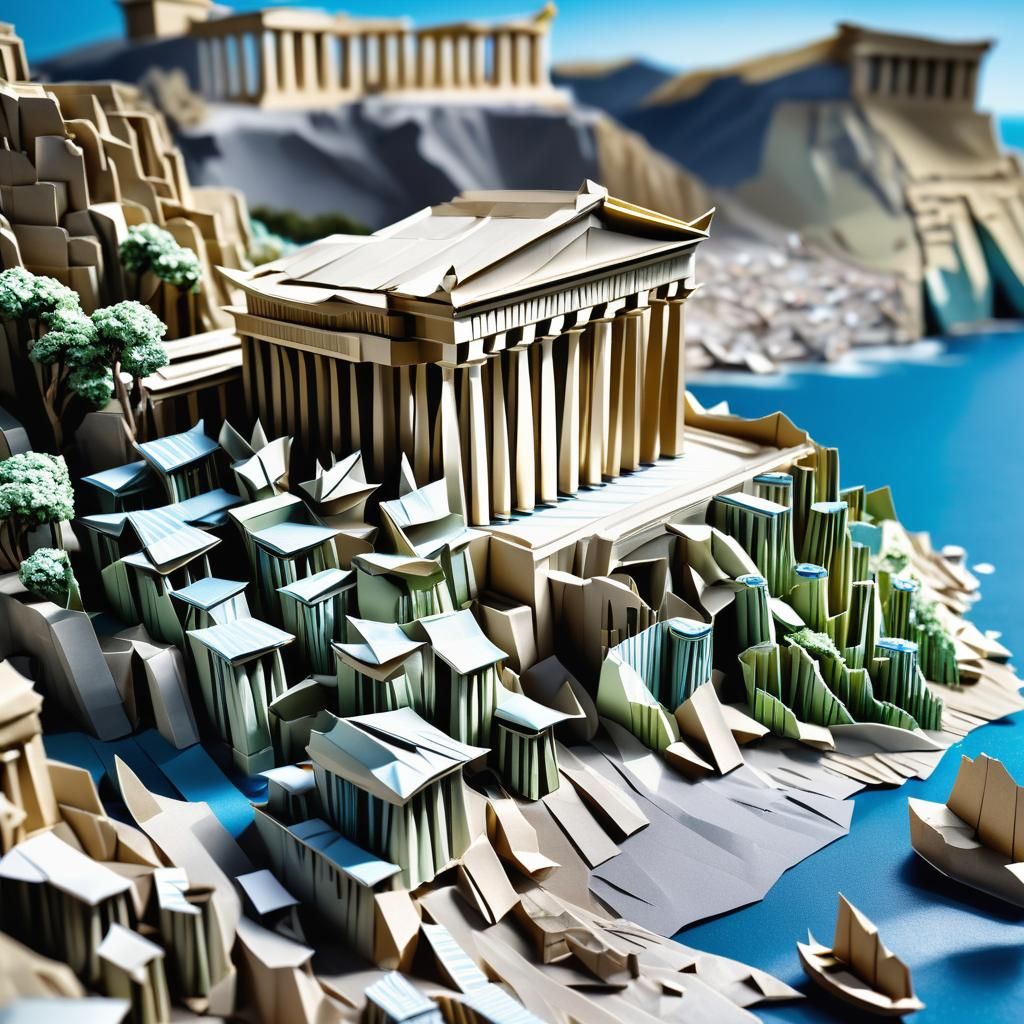 Unfolding History: Origami Parthenon on a Cliff, Embraced by the Sea ...