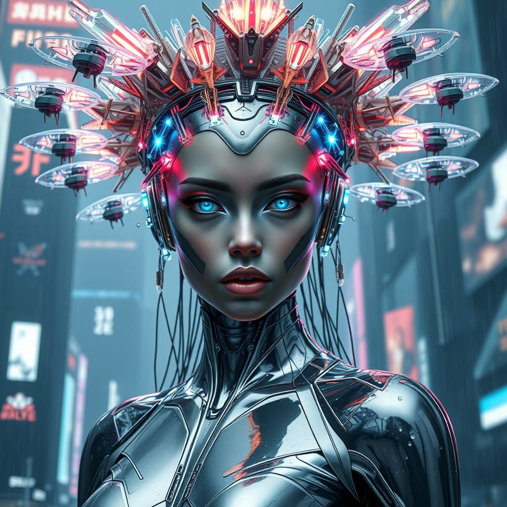Cyber Queen Reigns Supreme in Neon-Lit Cityscape - AI Art