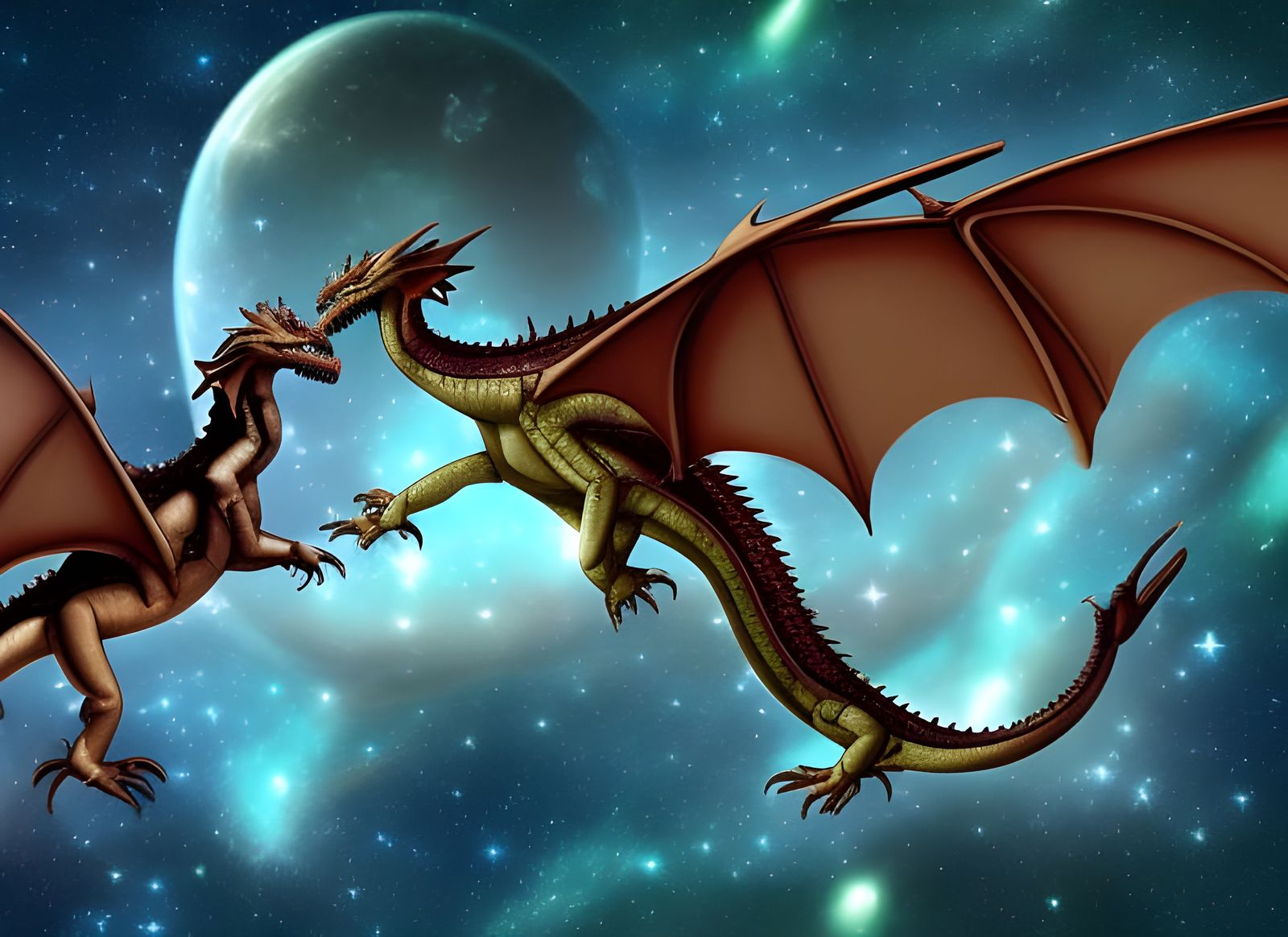 two dragons flying across galaxy space - AI Generated Artwork - NightCafe Creator