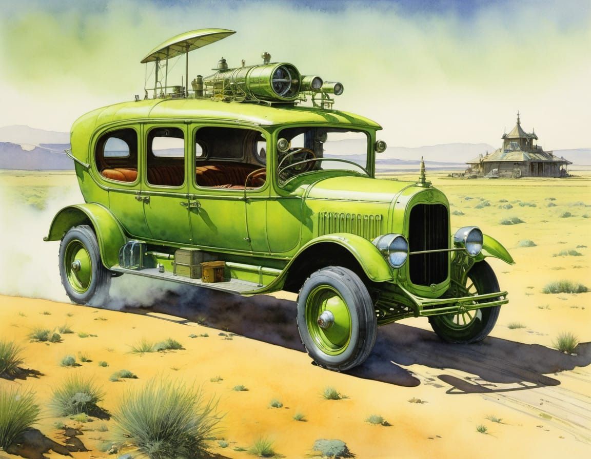 Cyberpunk-Style Chartreuse Alien Cruises Through a... - AI Art