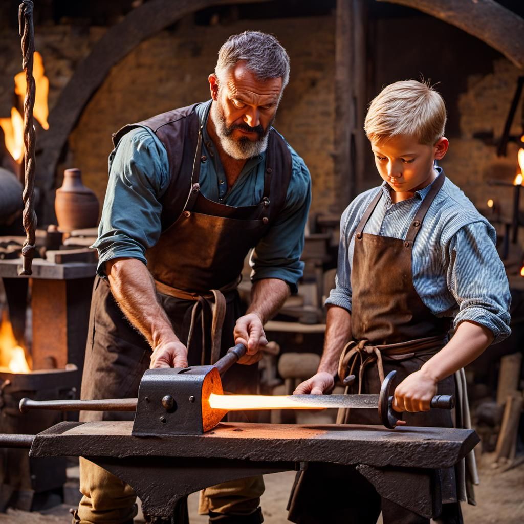 A blacksmith and his young apprentice. - AI Generated Artwork - NightCafe Creator