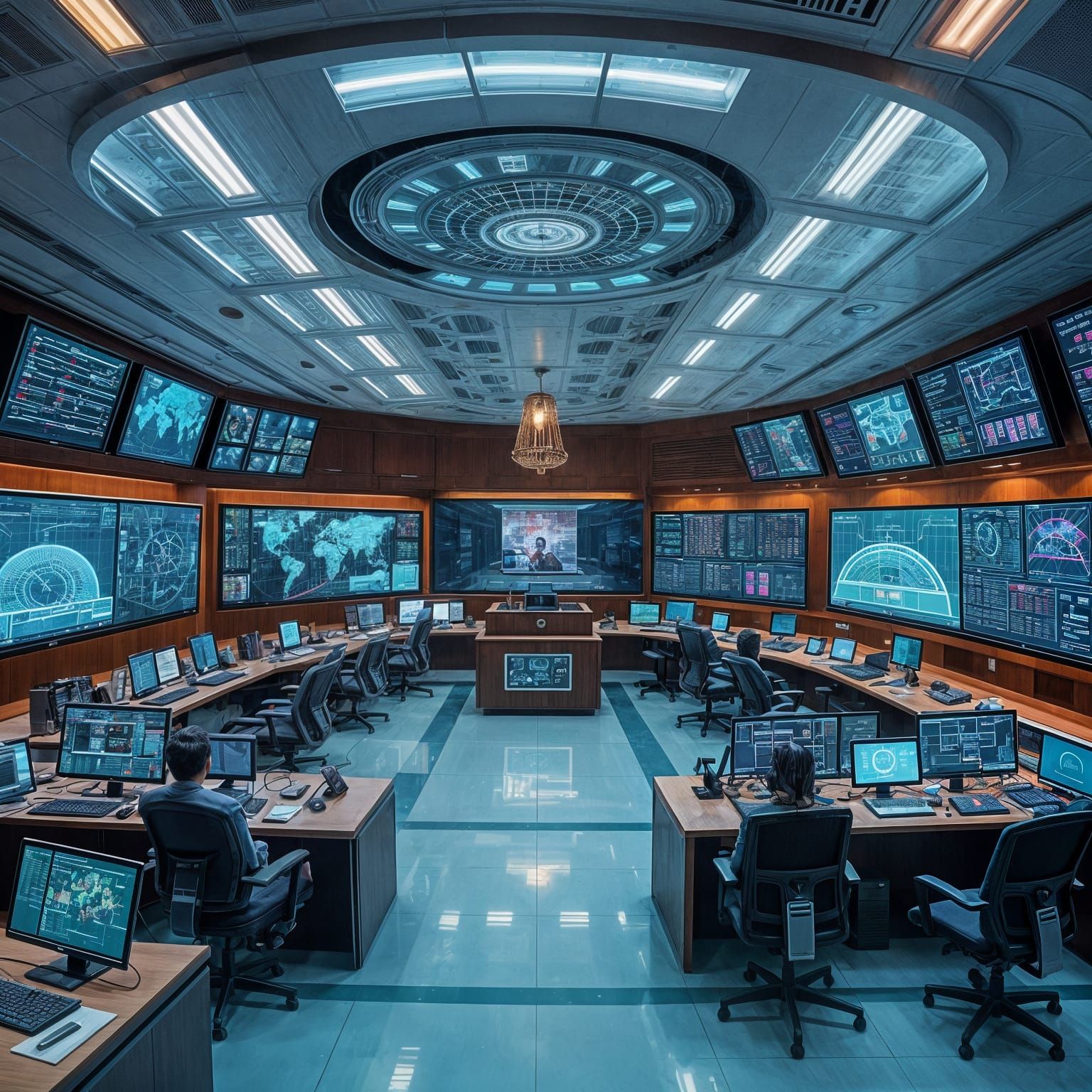 Create an image of a bustling Indian government office or control room ...