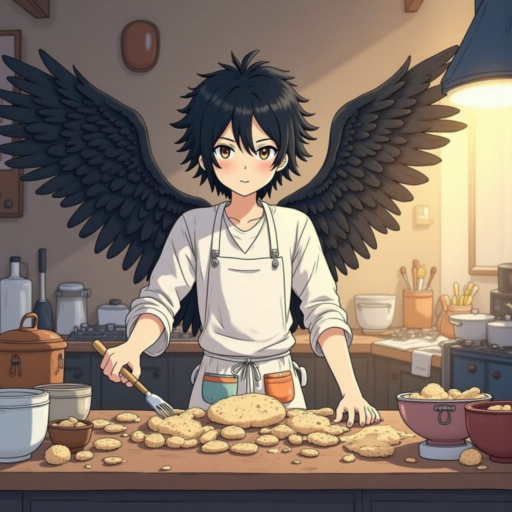 Angel Baker Experiment 1 - Anime Baker with Dark Wings in Pa...