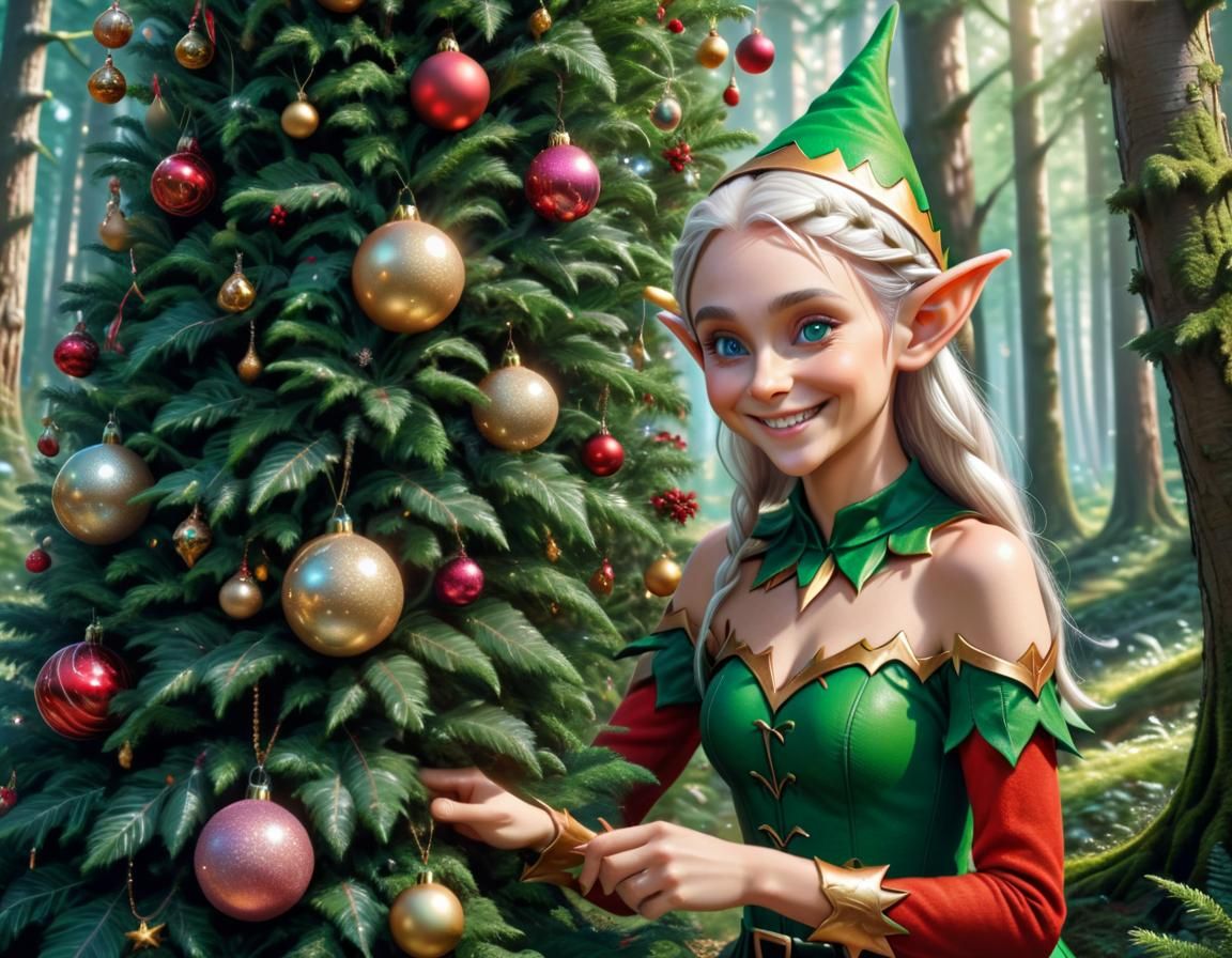 Happy Elf, Decorated a Christmas tree - AI Generated Artwork ...