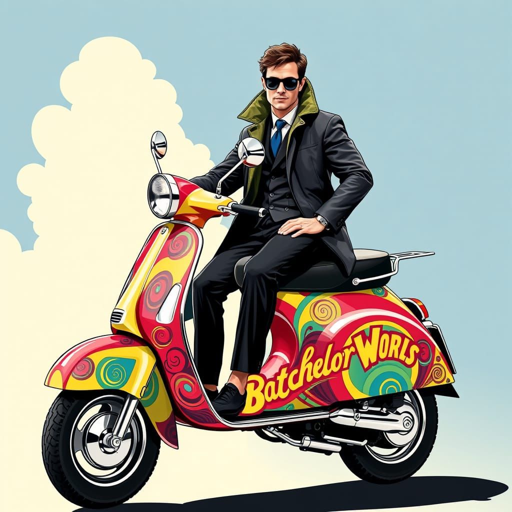 Mod wearing a parka on a mod scooter wrapped in "Batchelor" artwork