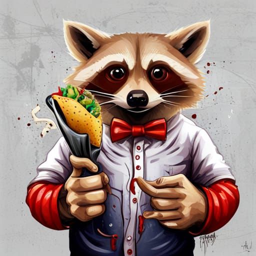 A blond raccoon in a shirt with red sleeves and the ready of the shirt ...
