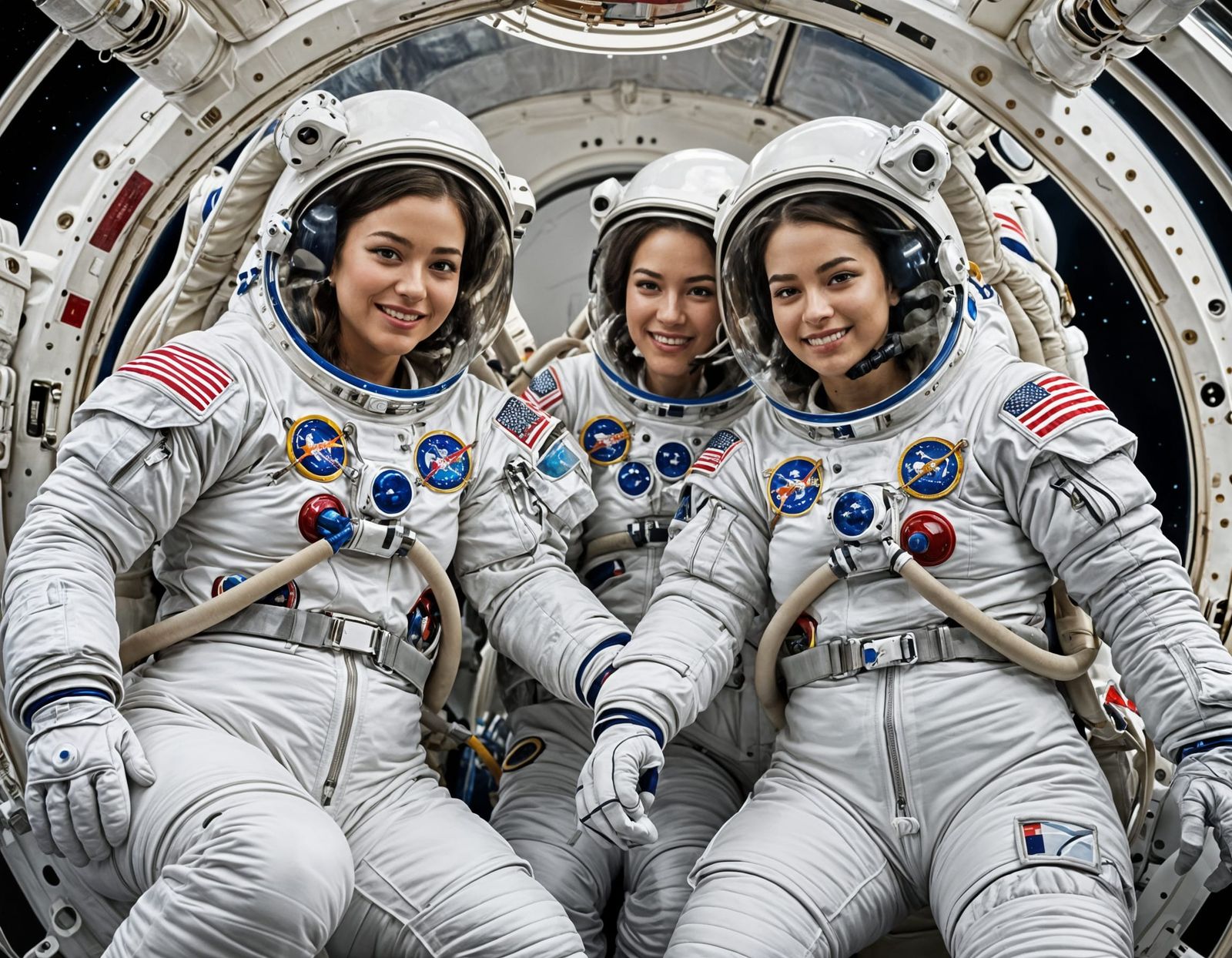 003 Three beautiful female astronauts are wearing their white ...