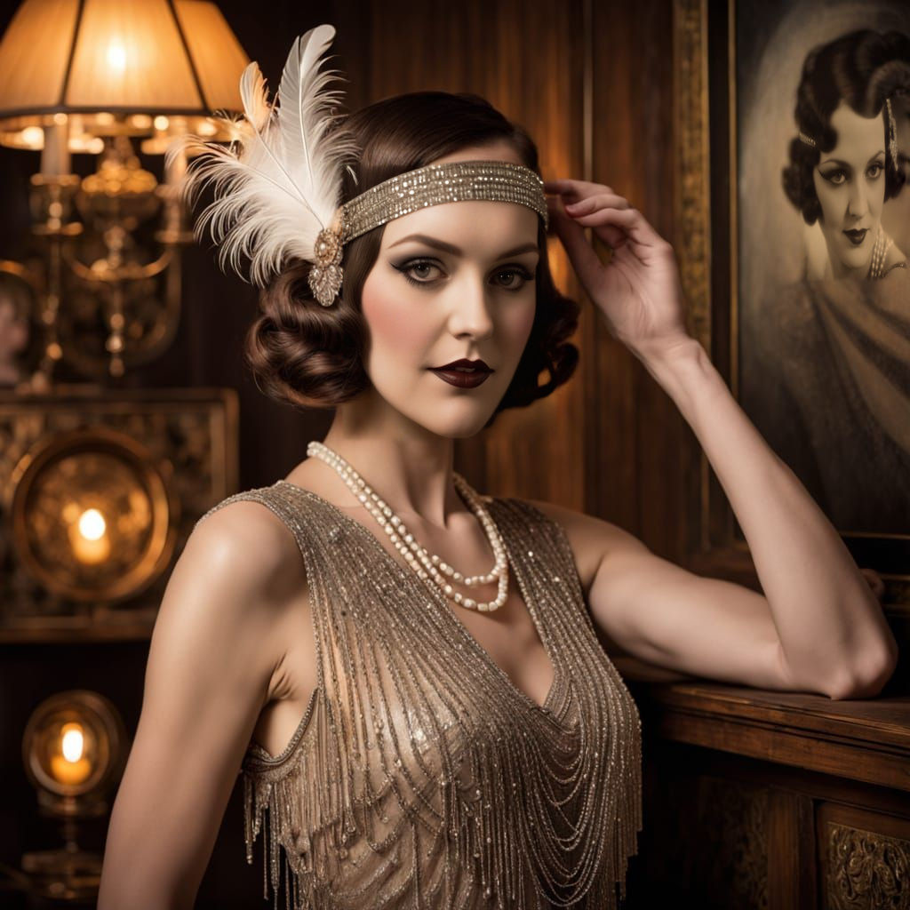 A sophisticated woman in a flapper dress. A secret 1920s speakeasy