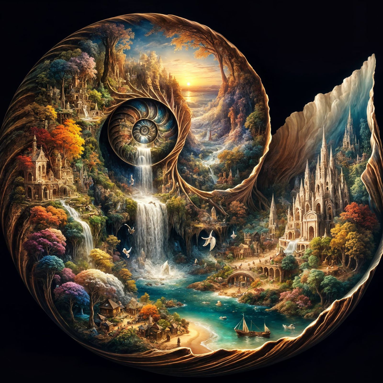 Nautilus shell filled with various fantasy scenes with waterfalls and ...