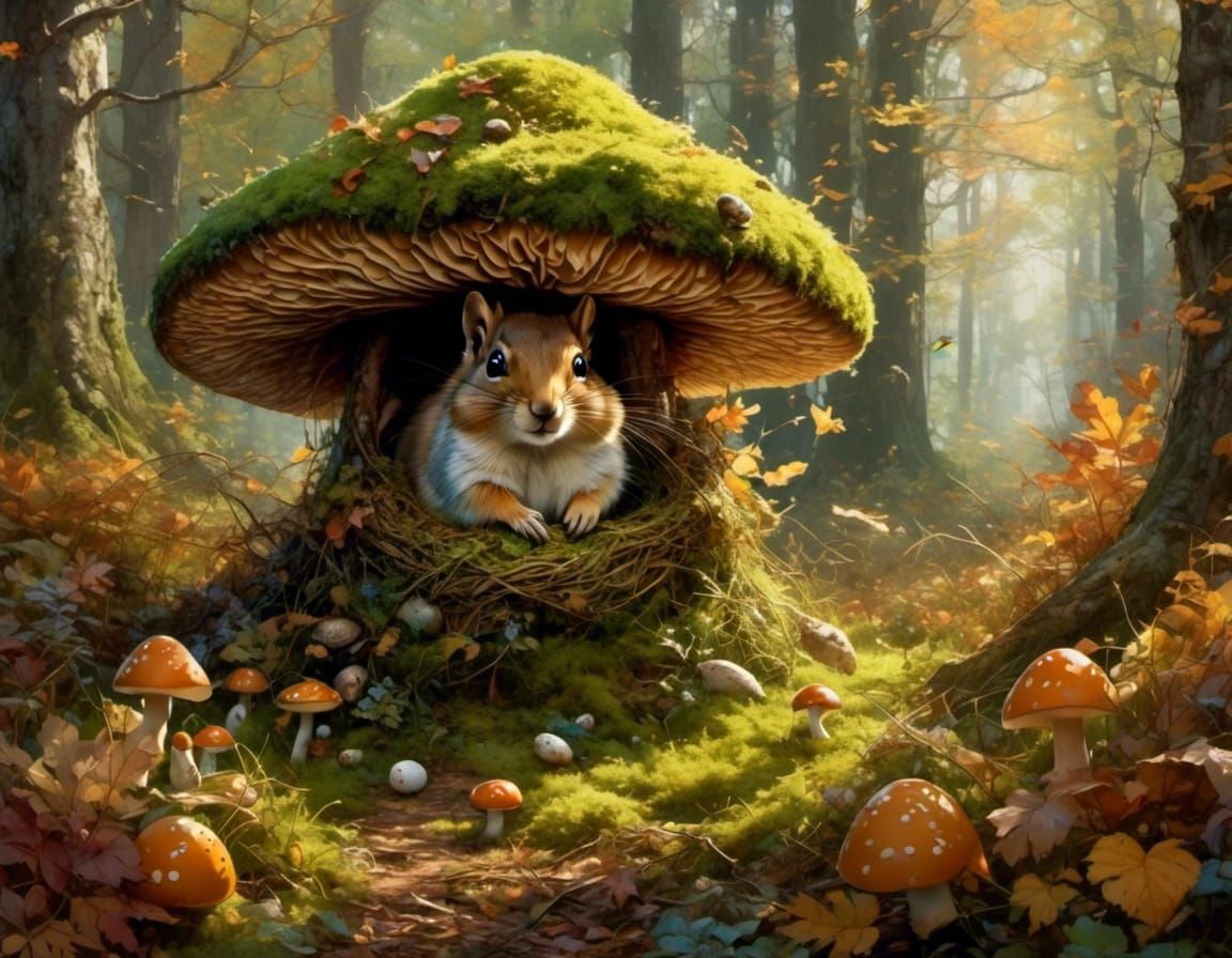 Squirrel in the Bird's Nest Under Mushroom - AI Generated Artwork ...