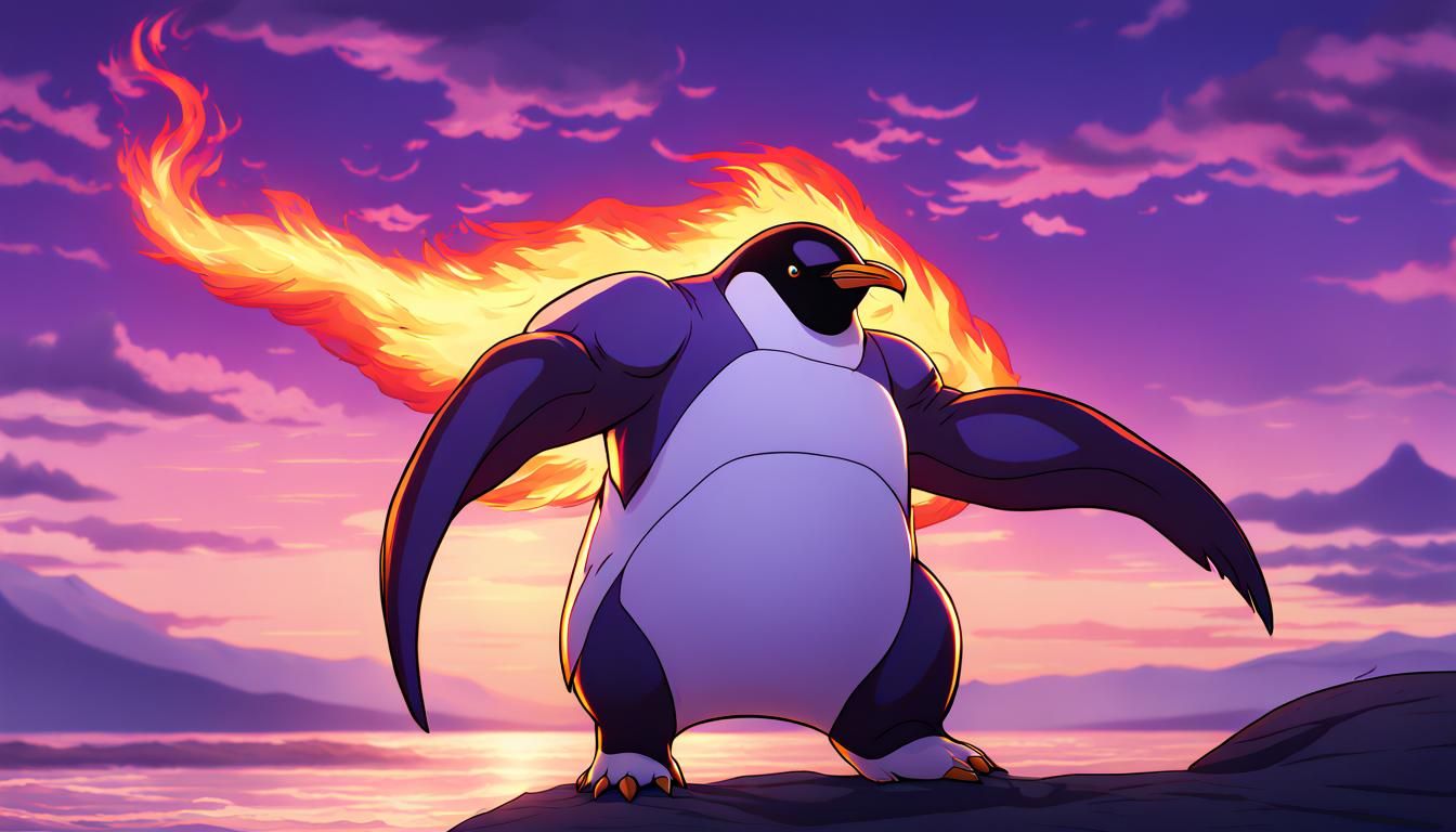 A giant muscular penguin with fire tail, purple sky background. Anime ...