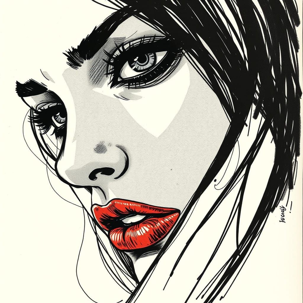 Scratchy pen strokes, blind contour, fisheye perspective closeup ...