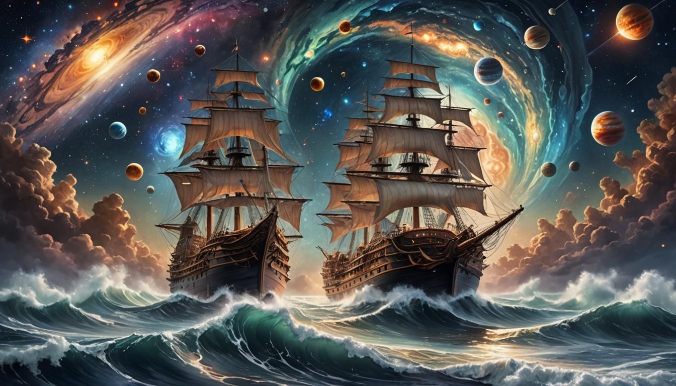 The image depicts two majestic ship sailing through a galaxy-like sky ...