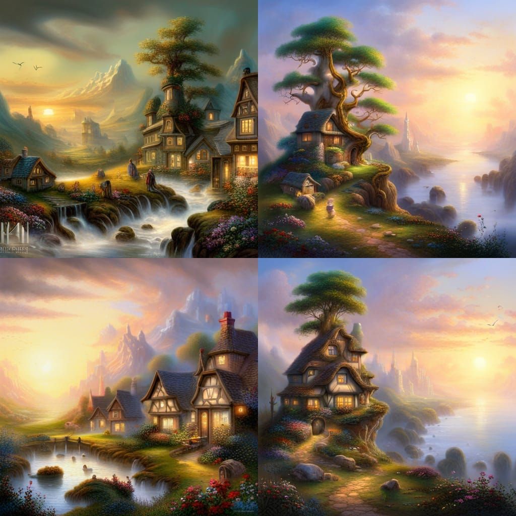 A magical tree watching a village of dwarves at sunrise - AI Generated ...